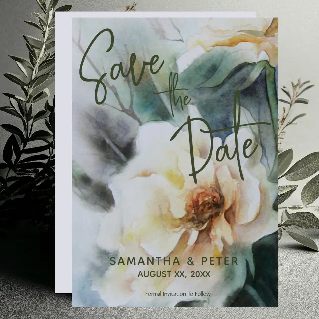 Wedding Save The Date Watercolor Roses Sage Green Invitation | Zazzle