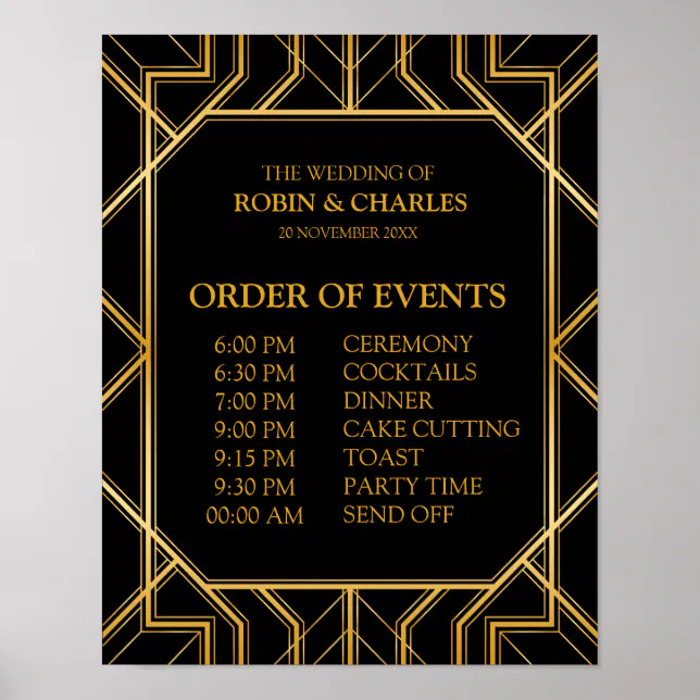 Wedding Schedule of Events Sign | Gatsby Art Deco | Zazzle