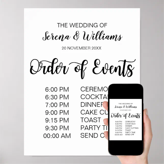 Wedding Schedule of Events Sign Modern Calligraphy | Zazzle