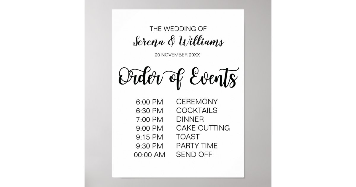 Wedding Schedule of Events Sign Modern Calligraphy | Zazzle