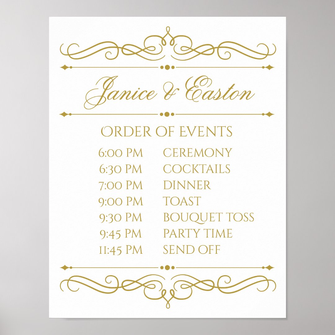 Wedding Schedule Sign | Gold Swirl Calligraphy | Zazzle