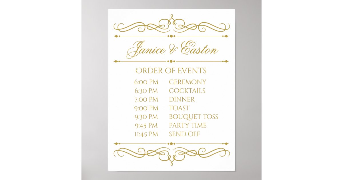 Wedding Schedule Sign | Gold Swirl Calligraphy | Zazzle
