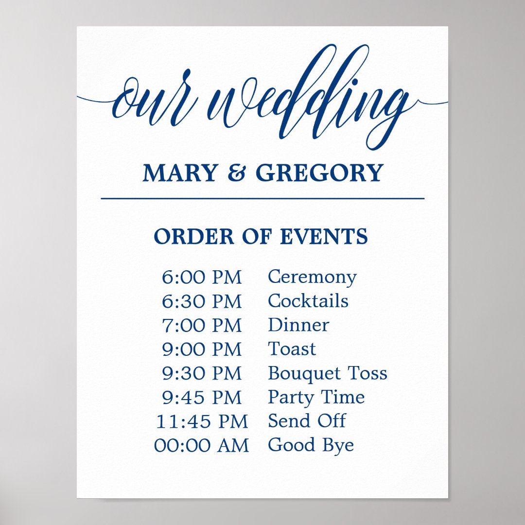 Wedding Schedule Sign in Navy Blue Calligraphy | Zazzle