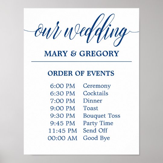 Wedding Schedule Sign in Navy Blue Calligraphy | Zazzle.com