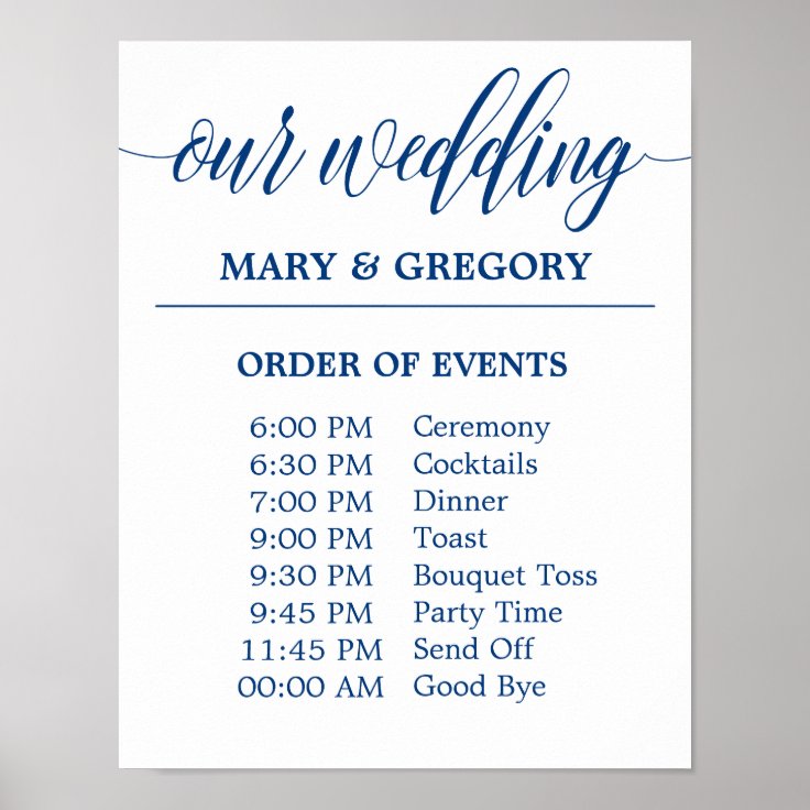 Wedding Schedule Sign in Navy Blue Calligraphy | Zazzle