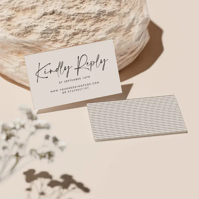 Wedding script modern black white elegant reply business card | Zazzle
