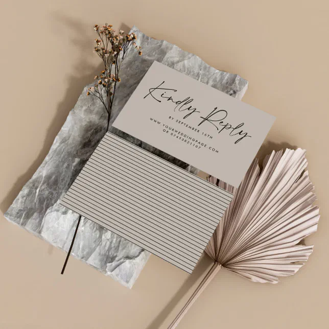 Wedding script modern grey elegant reply business card | Zazzle