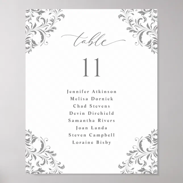 Wedding Seating Chart 8x10 Silver Gray Flourish | Zazzle
