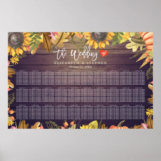 Wedding Seating Chart Autumn Leaves Pumpkins Wood | Zazzle