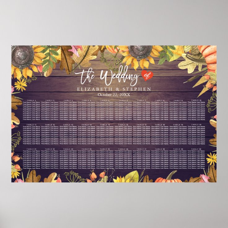 Wedding Seating Chart Autumn Leaves Pumpkins Wood | Zazzle