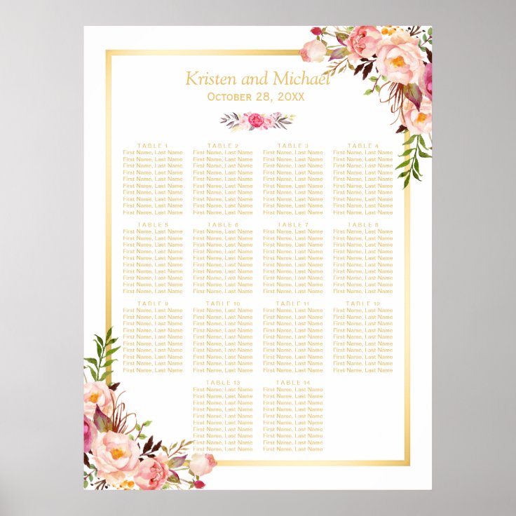 Wedding Seating Chart Classy Chic Floral Gold | Zazzle