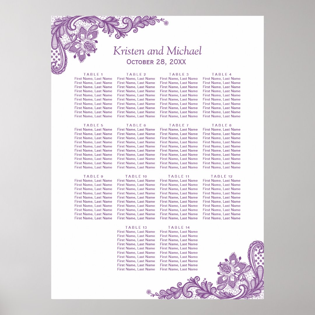 Wedding Seating Chart Classy Floral Purple Lace | Zazzle