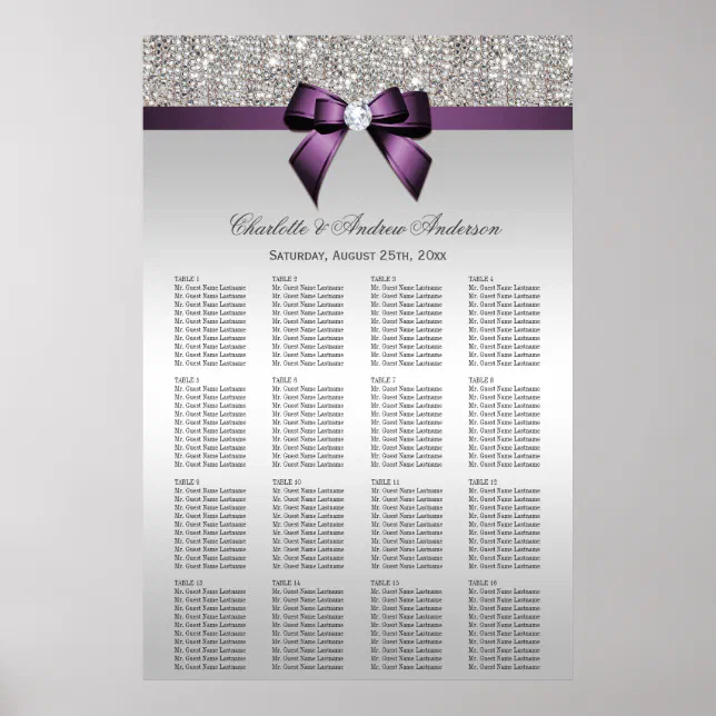 Wedding Seating Chart Silver Sequin Purple Bow | Zazzle