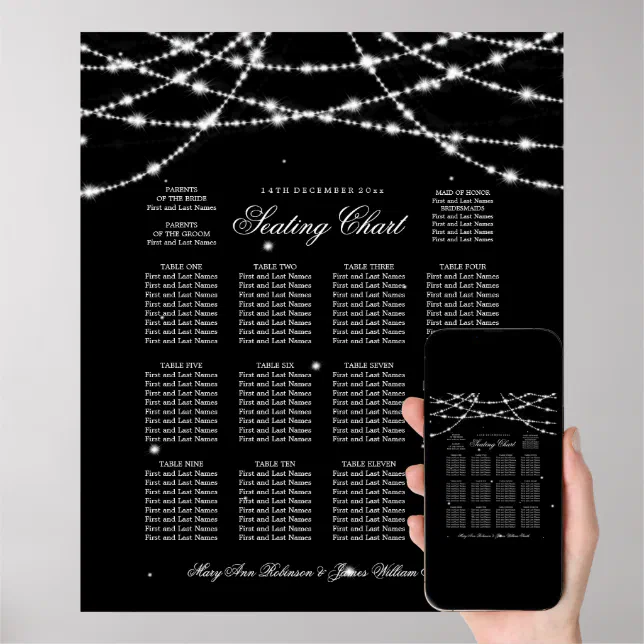 Wedding Seating Chart Sparkling String Black | Zazzle