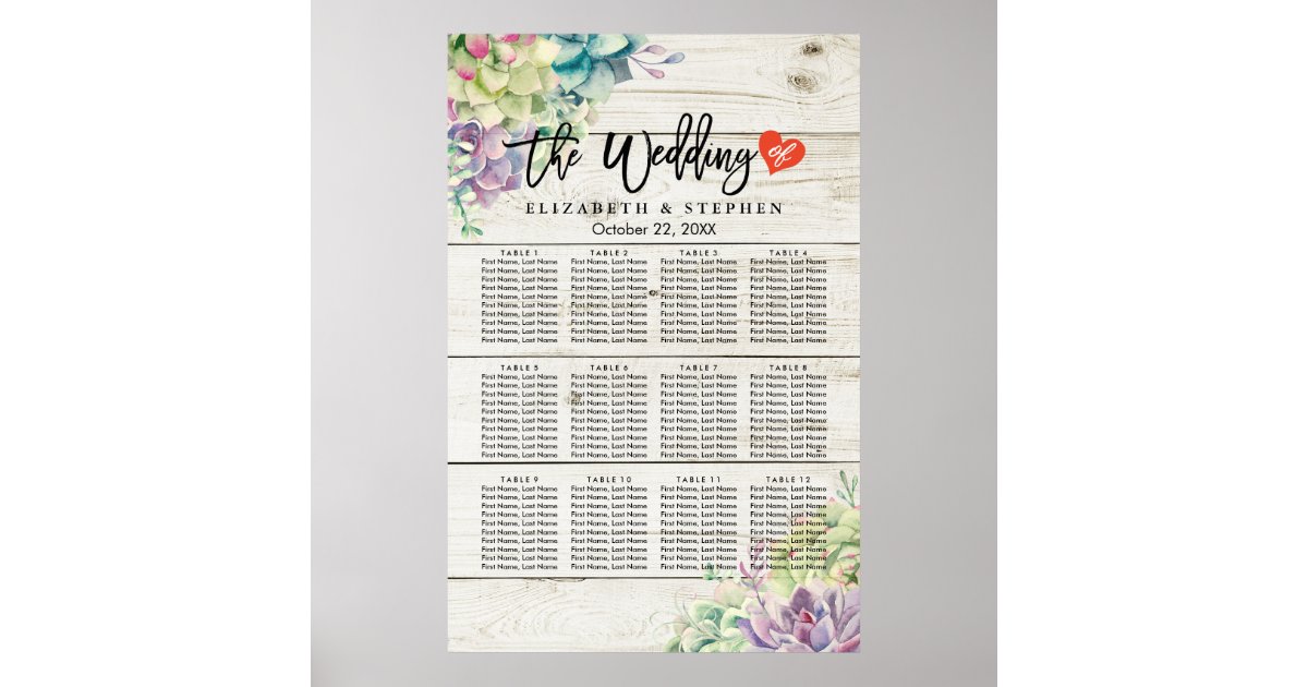 Wedding Seating Chart Succulent Plants Rustic Wood | Zazzle