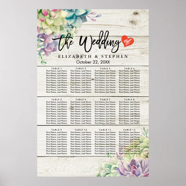 Wedding Seating Chart Succulent Plants Rustic Wood | Zazzle
