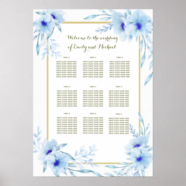 Wedding seating chart wedding floral blue gold | Zazzle