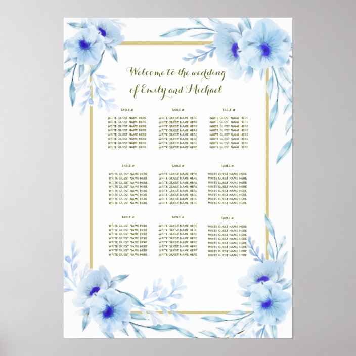 Wedding seating chart wedding floral blue gold | Zazzle.com