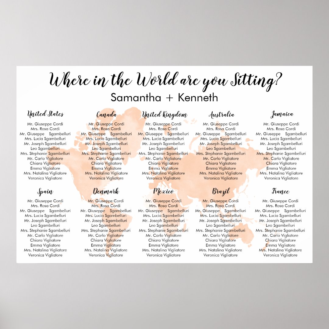 Wedding Seating Chart with Blush Map | Zazzle