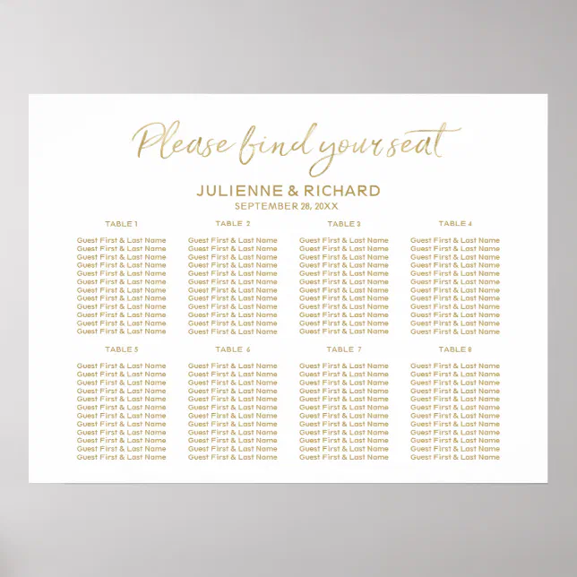 Wedding Seating Plan 8 Tables Gold Sign | Zazzle