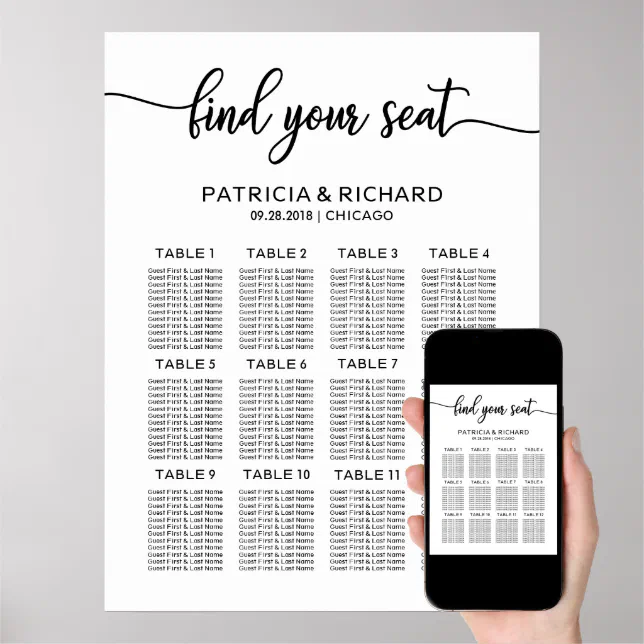 Wedding Seating Plan Board Elegant Calligraphy Poster | Zazzle