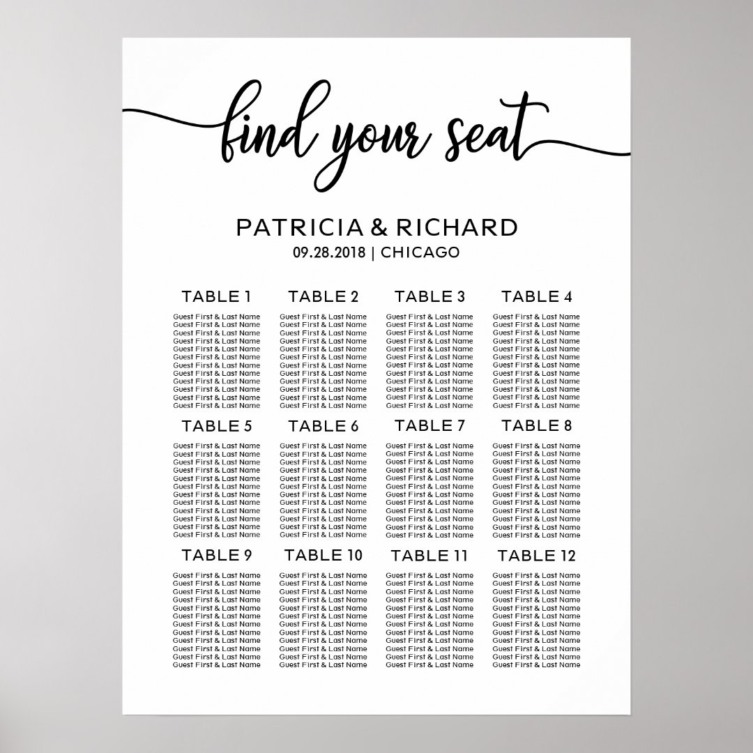 Wedding Seating Plan Board Elegant Calligraphy Poster | Zazzle
