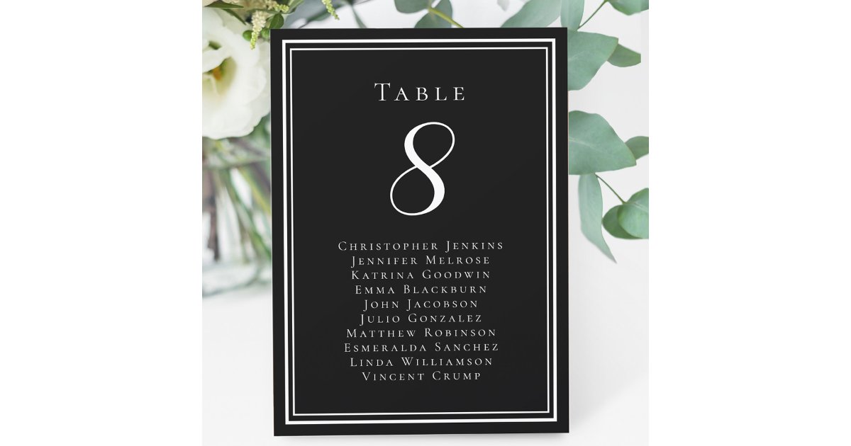 Wedding Seating Table Number Guest Names Black | Zazzle