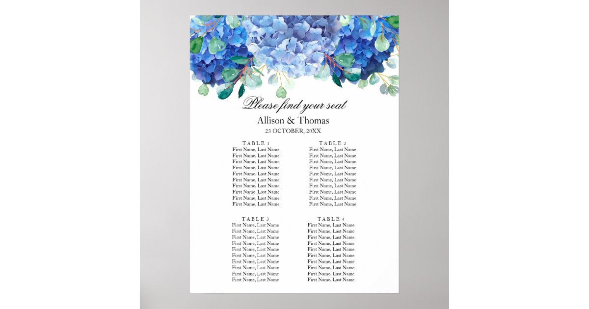 Wedding Seating Welcome banner blue hydrangea Poster | Zazzle