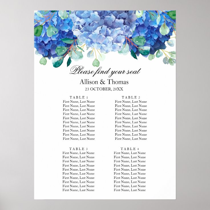 Wedding Seating Welcome banner blue hydrangea Poster | Zazzle