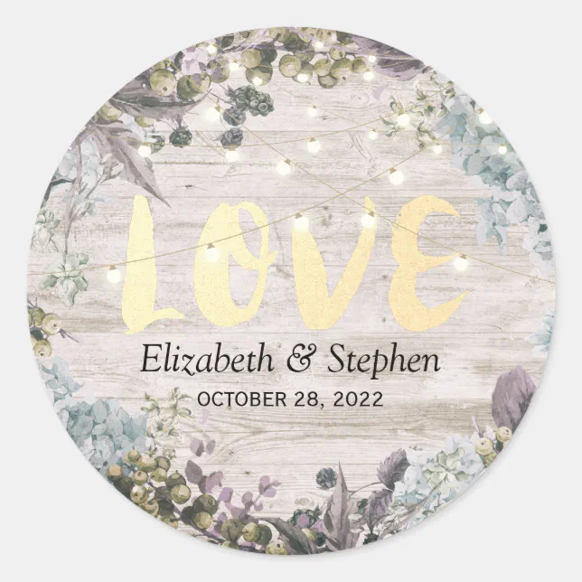 Wedding Shower Floral String Lights & Rustic Wood Classic Round Sticker ...