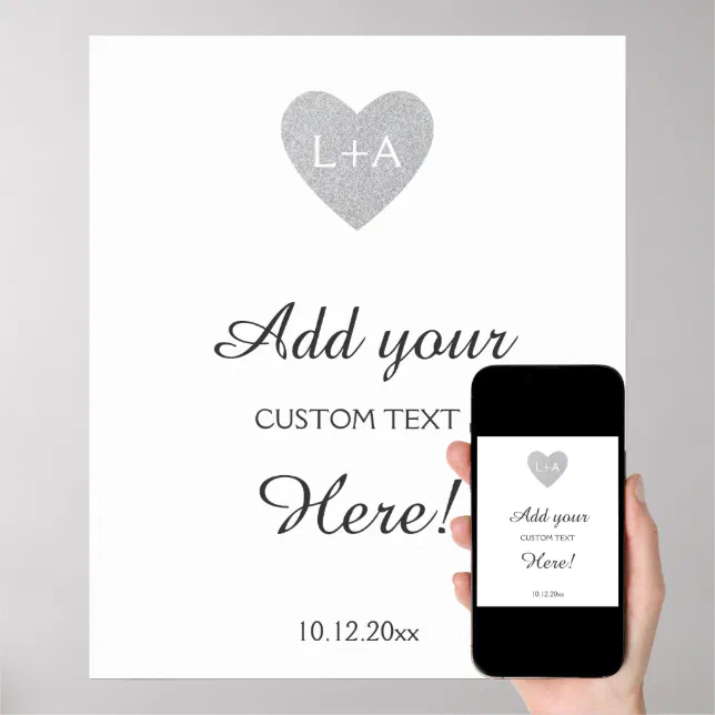 Wedding sign custom text, silver glitter heart | Zazzle