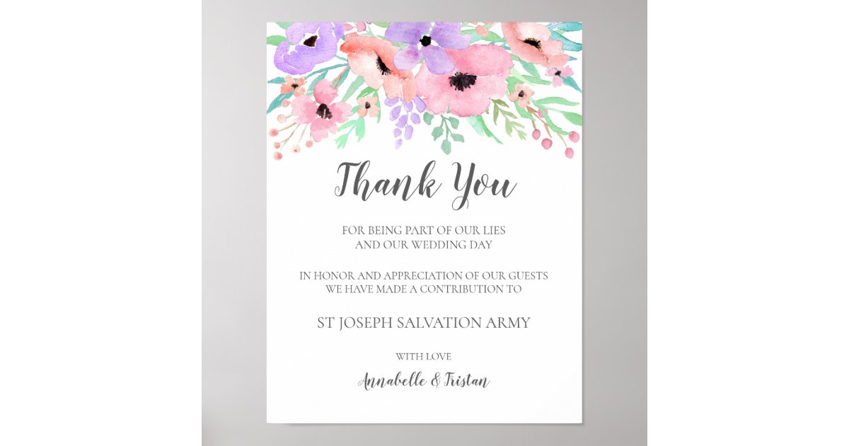 Wedding Sign – Donation Watercolor Floral Sign | Zazzle