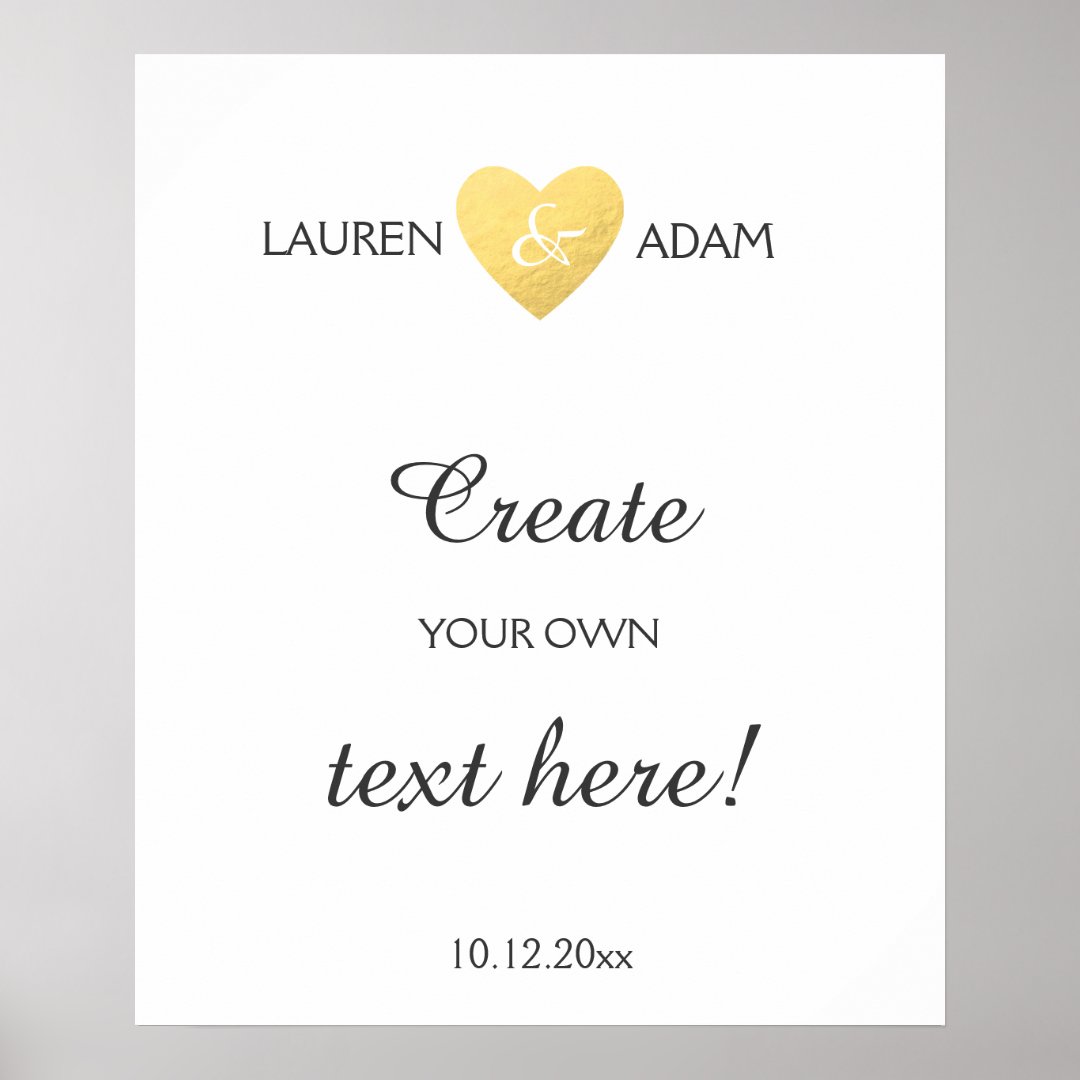 Wedding sign faux gold heart, custom text template | Zazzle