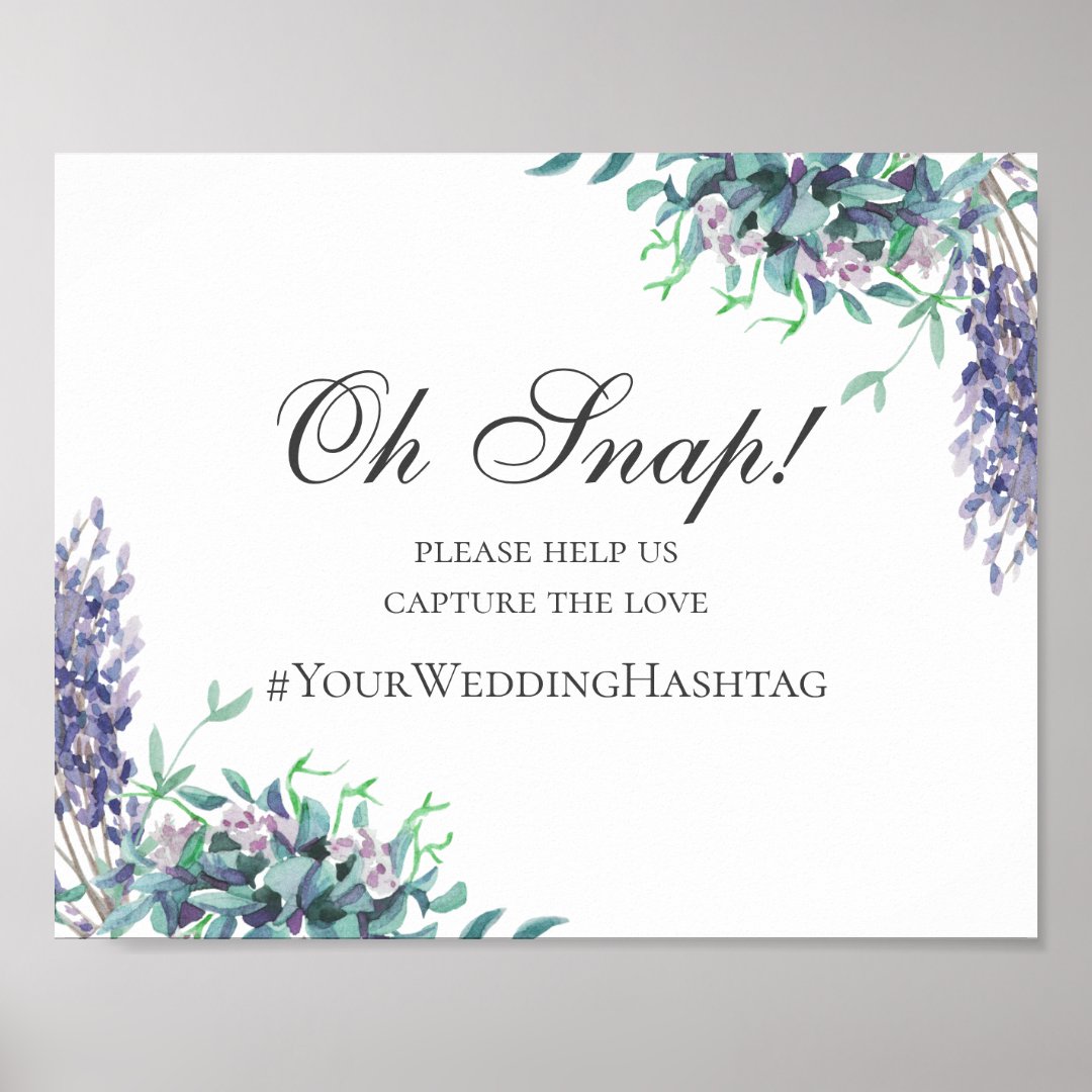 Wedding sign. Purple floral instagram hashtag Poster | Zazzle