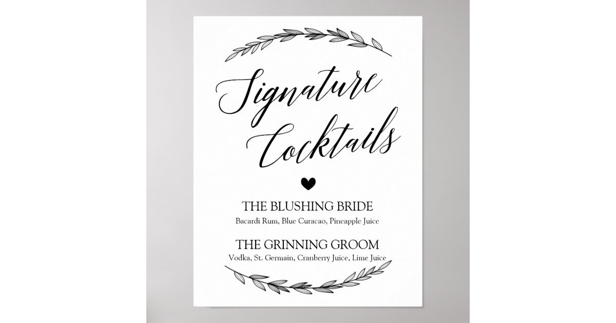Wedding Sign – Signature Cocktail Laurel Sign | Zazzle