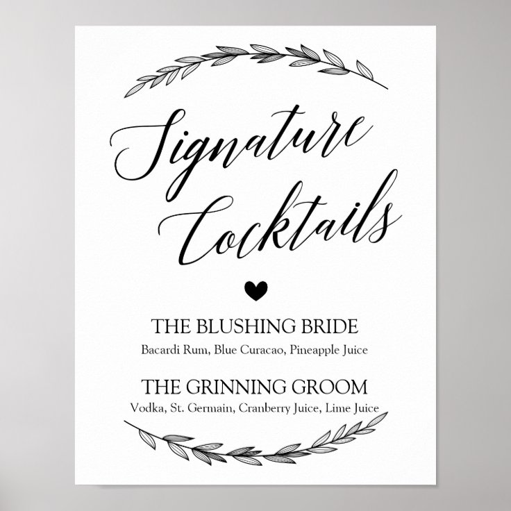 Wedding Sign – Signature Cocktail Laurel Sign | Zazzle