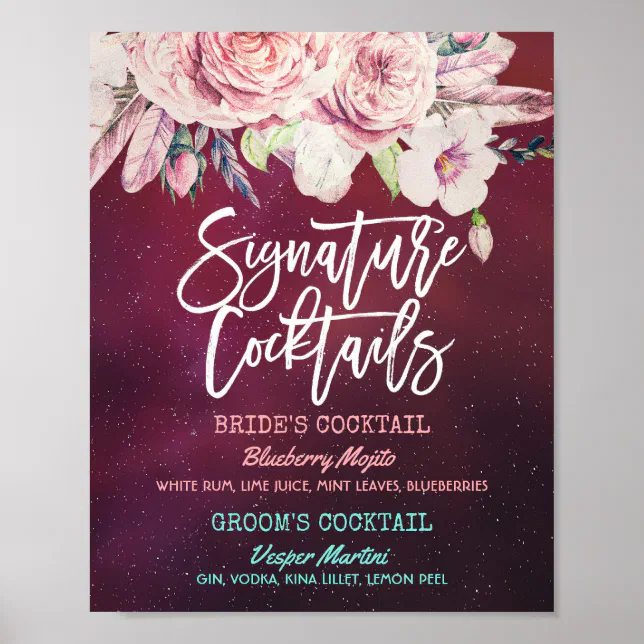 Wedding Signature Cocktail Drink Menu Boho Floral Poster | Zazzle