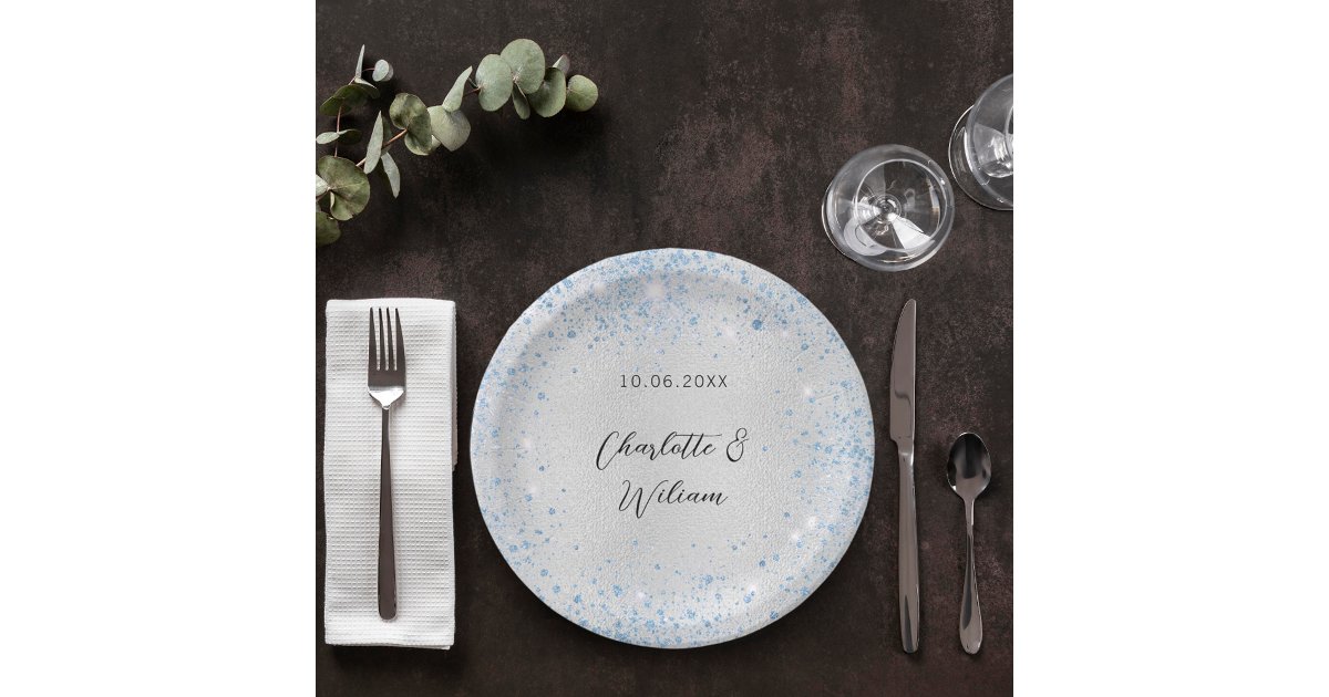 Wedding silver blue sparkles paper plates | Zazzle