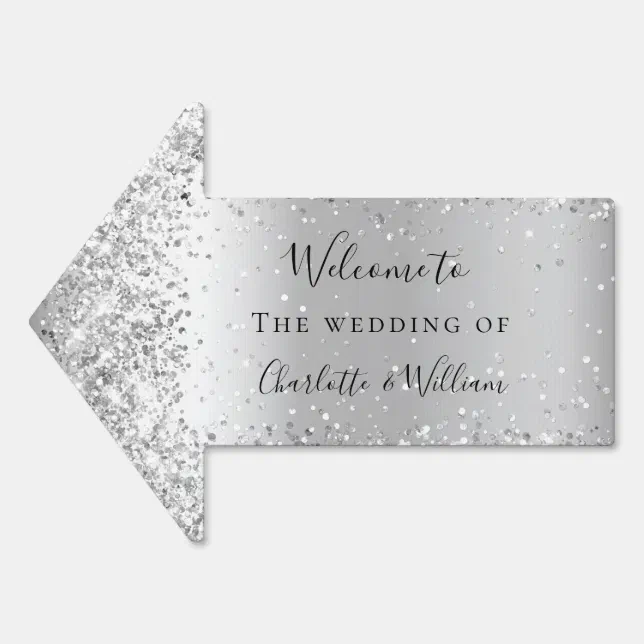 Wedding silver glitter sparkles welcome arrow sign | Zazzle