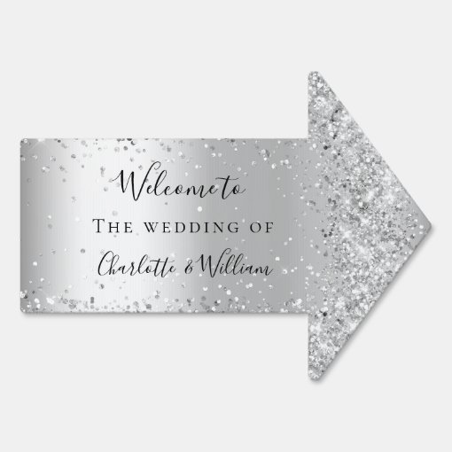 Wedding silver glitter sparkles welcome arrow sign | Zazzle