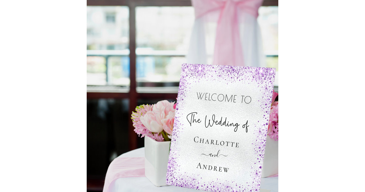 Wedding silver purple sparkles welcome pedestal sign | Zazzle