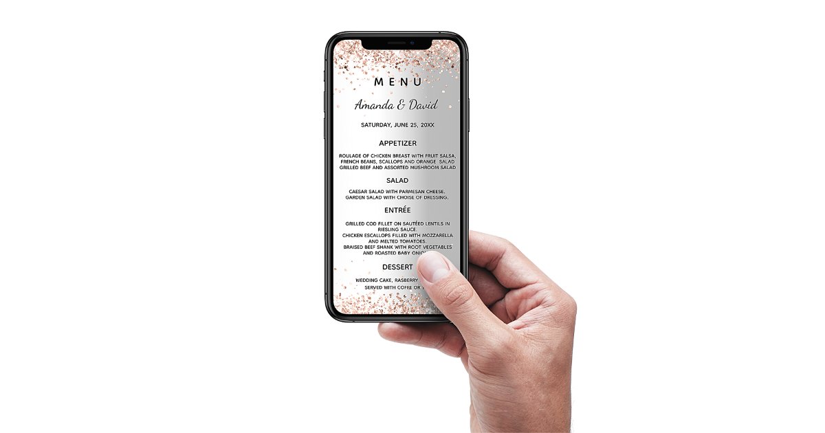 Wedding silver rose gold menu card | Zazzle