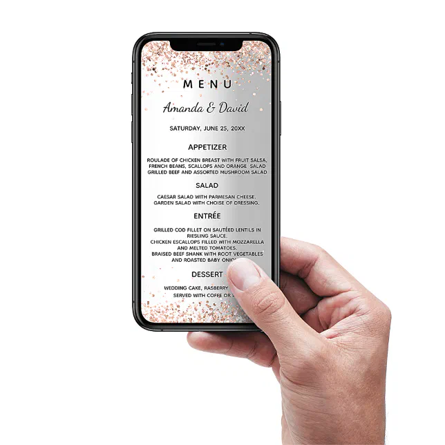 Wedding silver rose gold menu card | Zazzle