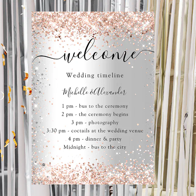 Wedding silver rose gold program timeline poster | Zazzle