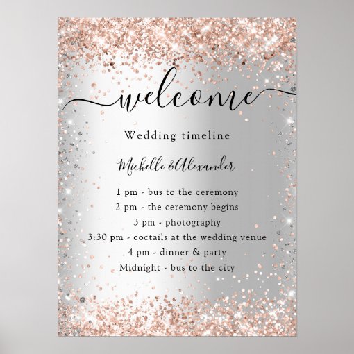 Wedding silver rose gold program timeline poster | Zazzle