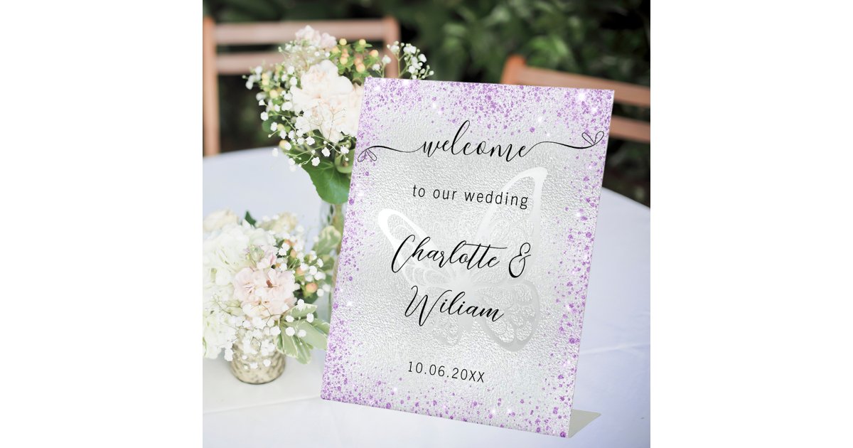 Wedding silver violet butterfly welcome pedestal sign | Zazzle