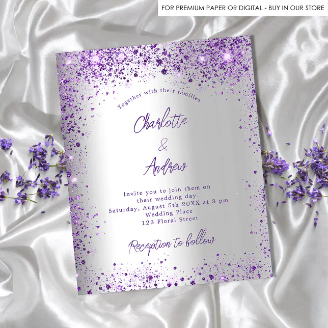 Wedding silver violet purple budget invitation | Zazzle