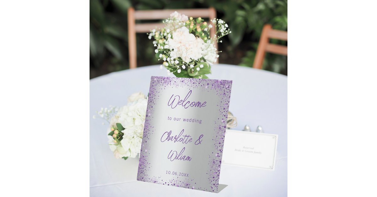 Wedding silver violet purple glitter welcome pedestal sign | Zazzle