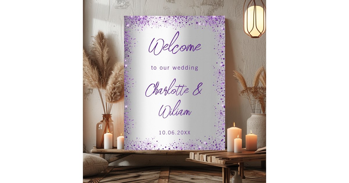 Wedding silver violet purple glitter welcome poster | Zazzle