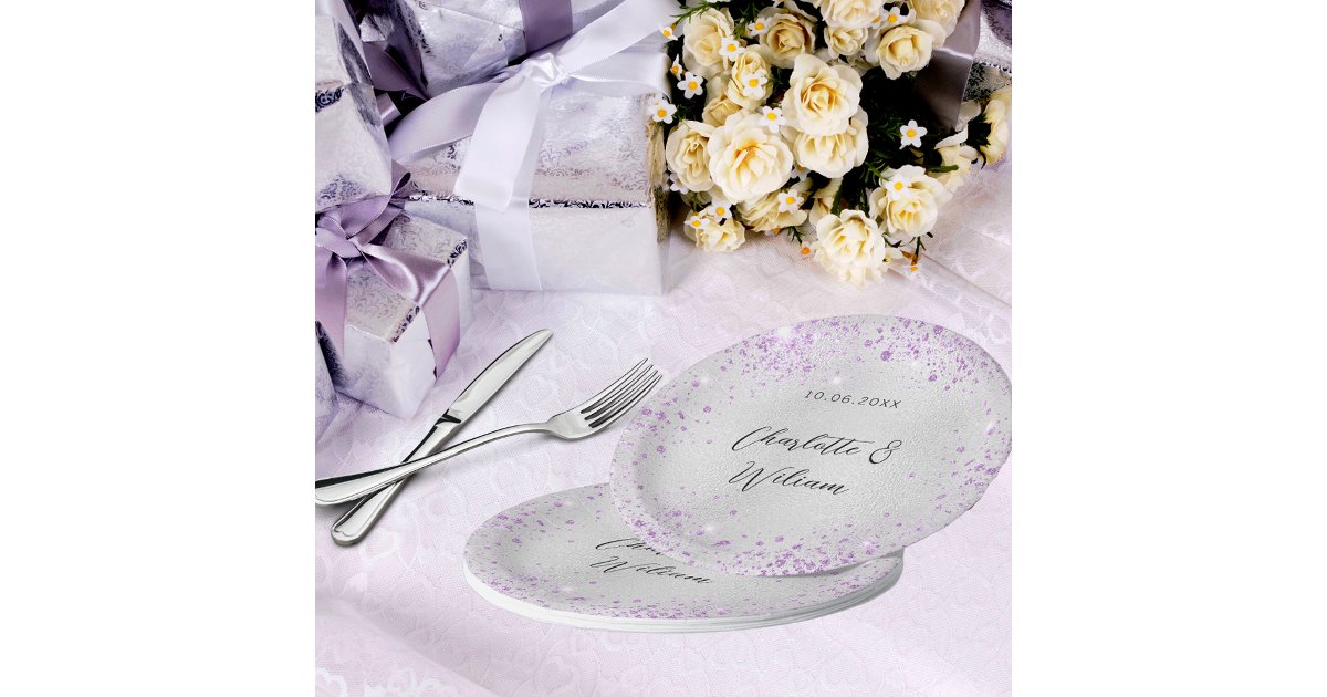 Wedding silver violet sparkles names paper plates | Zazzle